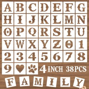 dzxcyz 4 inch letter stencils and numbers, 38 pcs alphabet diy craft stencils, reusable plastic drawing templates for painting on wood, wall, fabric, rock, floor, signage, door porch