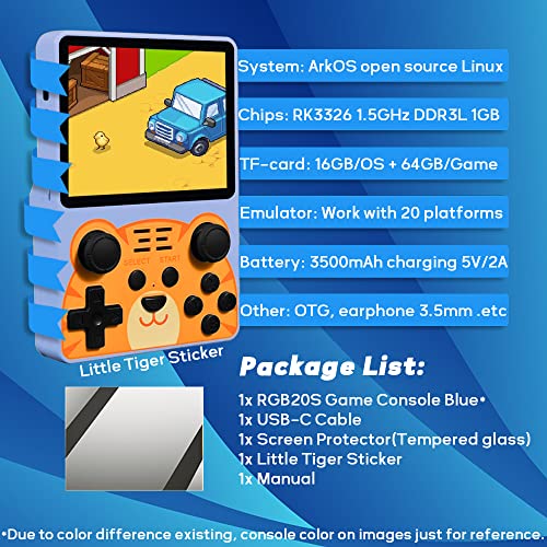 RGB20S Handheld Game Console 3.5 inch Retro Games Consoles Classic Emulator Hand-held Gaming Console Preinstalled Hand Held Video Games System 64GB Blue