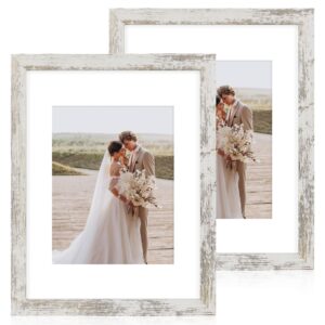 hongkee 11x14 picture frame distressed white poster frame 2 pack, display pictures 8x10 with mat or 11x14 frame without mat, wall gallery photo frames