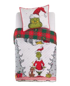 franco grinch by dr. seuss holiday & christmas quilt bedding super soft 2 piece pillow sham and quilt set, twin size 68" x 86", (100% officially licensed product)