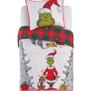 Franco Grinch by Dr. Seuss Holiday & Christmas Quilt Bedding Super Soft 2 Piece Pillow Sham and Quilt Set, Twin Size 68" x 86", (100% Officially Licensed Product)