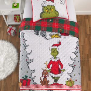 Franco Grinch by Dr. Seuss Holiday & Christmas Quilt Bedding Super Soft 2 Piece Pillow Sham and Quilt Set, Twin Size 68" x 86", (100% Officially Licensed Product)