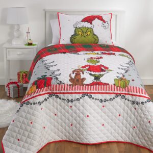 Franco Grinch by Dr. Seuss Holiday & Christmas Quilt Bedding Super Soft 2 Piece Pillow Sham and Quilt Set, Twin Size 68" x 86", (100% Officially Licensed Product)