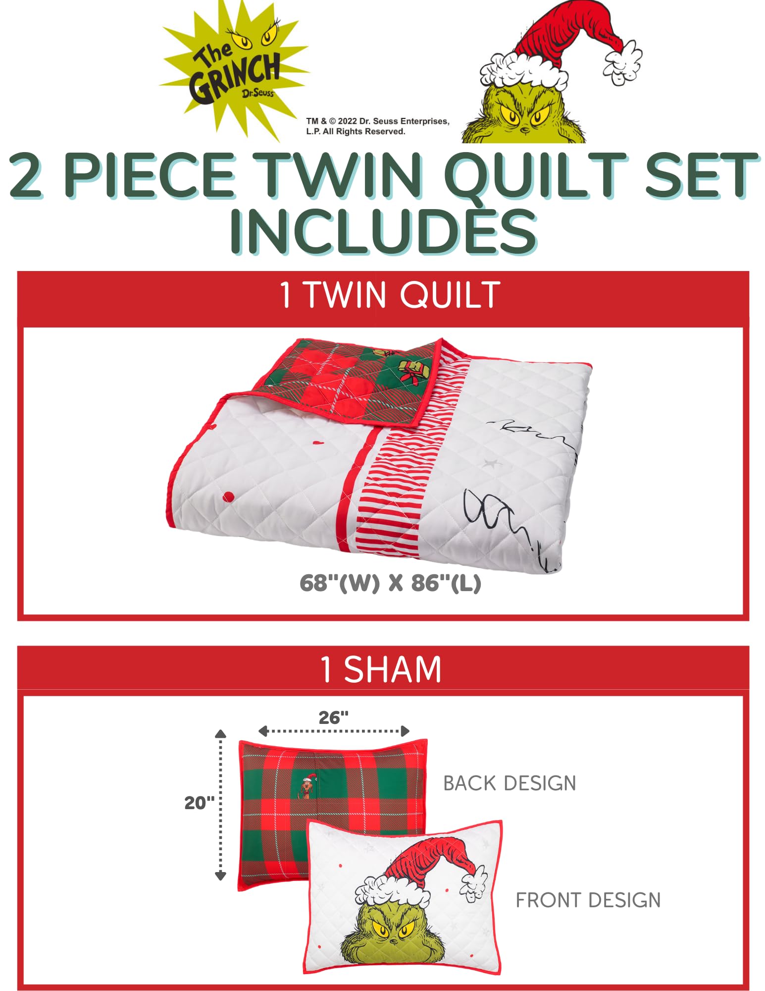 Franco Grinch by Dr. Seuss Holiday & Christmas Quilt Bedding Super Soft 2 Piece Pillow Sham and Quilt Set, Twin Size 68" x 86", (100% Officially Licensed Product)