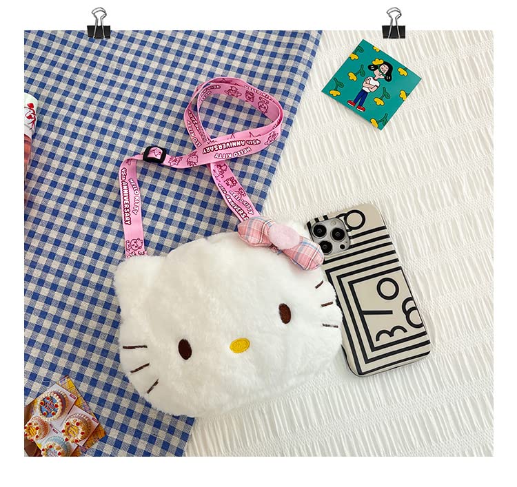 Kawaii Cat Plush Crossbody bag with Adjustable Lanyard, Kawaii Handbag with Zipper, Wallet Fluffy Purse Shoulder Bag Coin Pouch Accessories for Women Girls