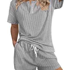 Ekouaer Ribbed Knit Lounge Sets for Women 2 Piece Outfits Short Sleeve Top and Shorts Pajama Sets Tracksuit Sweatsuits Grey