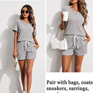 Ekouaer Ribbed Knit Lounge Sets for Women 2 Piece Outfits Short Sleeve Top and Shorts Pajama Sets Tracksuit Sweatsuits Grey