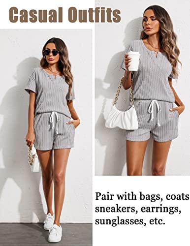 Ekouaer Ribbed Knit Lounge Sets for Women 2 Piece Outfits Short Sleeve Top and Shorts Pajama Sets Tracksuit Sweatsuits Grey