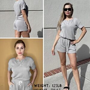 Ekouaer Ribbed Knit Lounge Sets for Women 2 Piece Outfits Short Sleeve Top and Shorts Pajama Sets Tracksuit Sweatsuits Grey