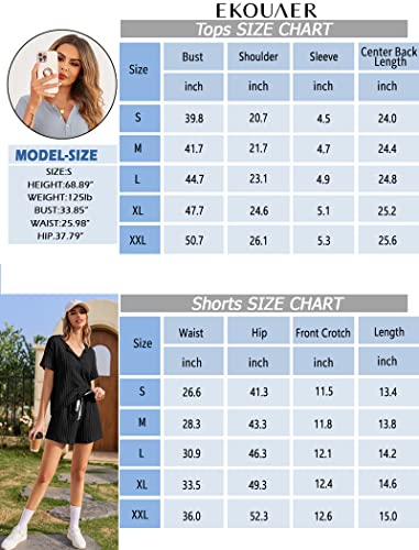 Ekouaer Ribbed Knit Lounge Sets for Women 2 Piece Outfits Short Sleeve Top and Shorts Pajama Sets Tracksuit Sweatsuits Grey