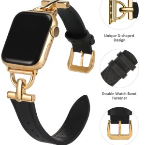 Wearlizer Leather Band Compatible with Apple Watch Band Women 42mm 44mm 45mm 49mm Ultra 2, Dressy Fancy Leather Strap Metal Buckle for iWatch Bands Series 9 8 SE 7 6 5 4 3 2 1 Black/Gold Buckle