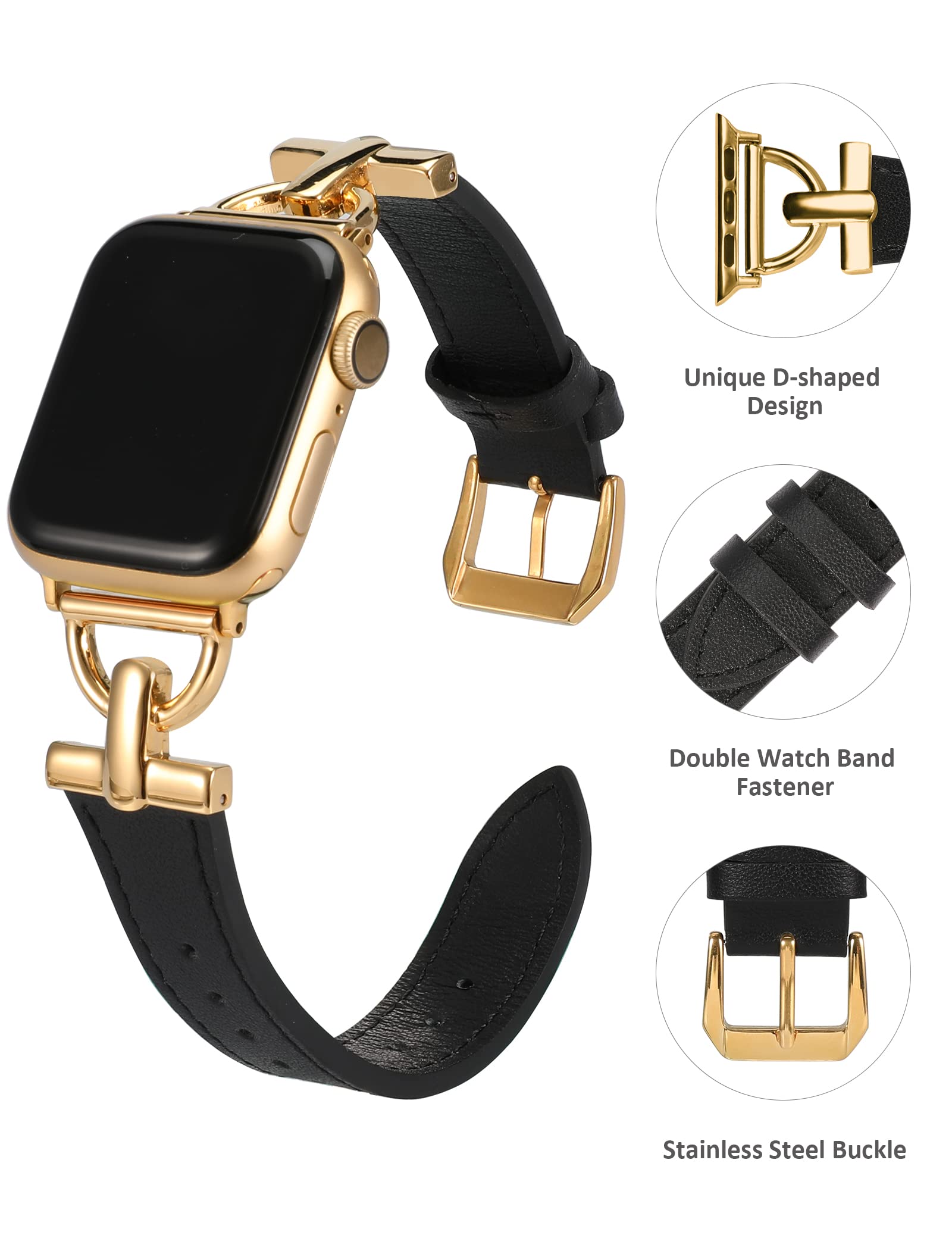 Wearlizer Leather Band Compatible with Apple Watch Band Women 42mm 44mm 45mm 49mm Ultra 2, Dressy Fancy Leather Strap Metal Buckle for iWatch Bands Series 9 8 SE 7 6 5 4 3 2 1 Black/Gold Buckle