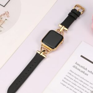 Wearlizer Leather Band Compatible with Apple Watch Band Women 42mm 44mm 45mm 49mm Ultra 2, Dressy Fancy Leather Strap Metal Buckle for iWatch Bands Series 9 8 SE 7 6 5 4 3 2 1 Black/Gold Buckle