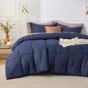 bedsure twin/twin extra long comforter set - navy blue basket weave down alternative comforter set twin/twin xl size, lightweight all season bedding set with 1 pillow sham