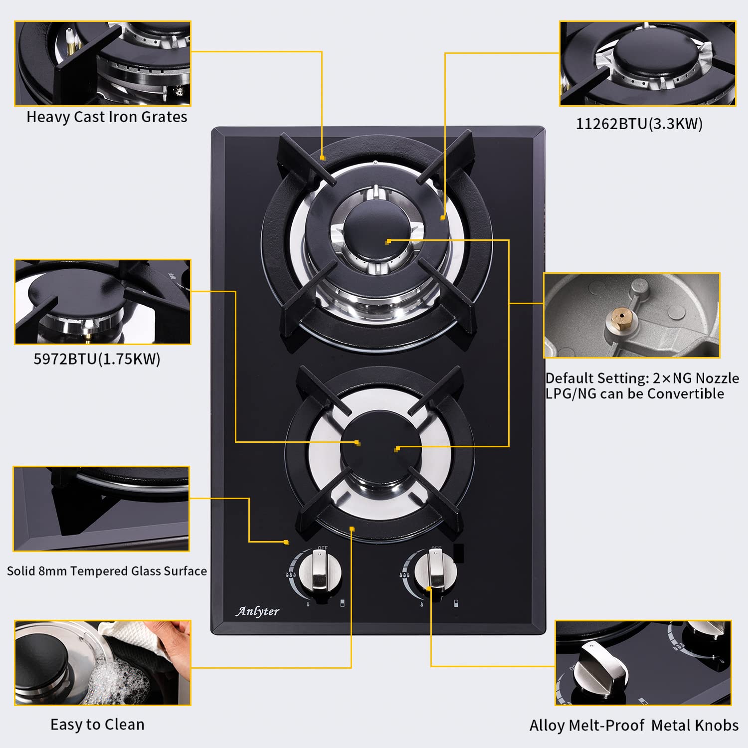 Anlyter 12 Inch Gas Cooktop, 2 Burners Built-in Gas Stovetop Tempered Glass Gas Stove Top LPG/NG Convertible Dual Fuel Sealed Gas Hob - Black