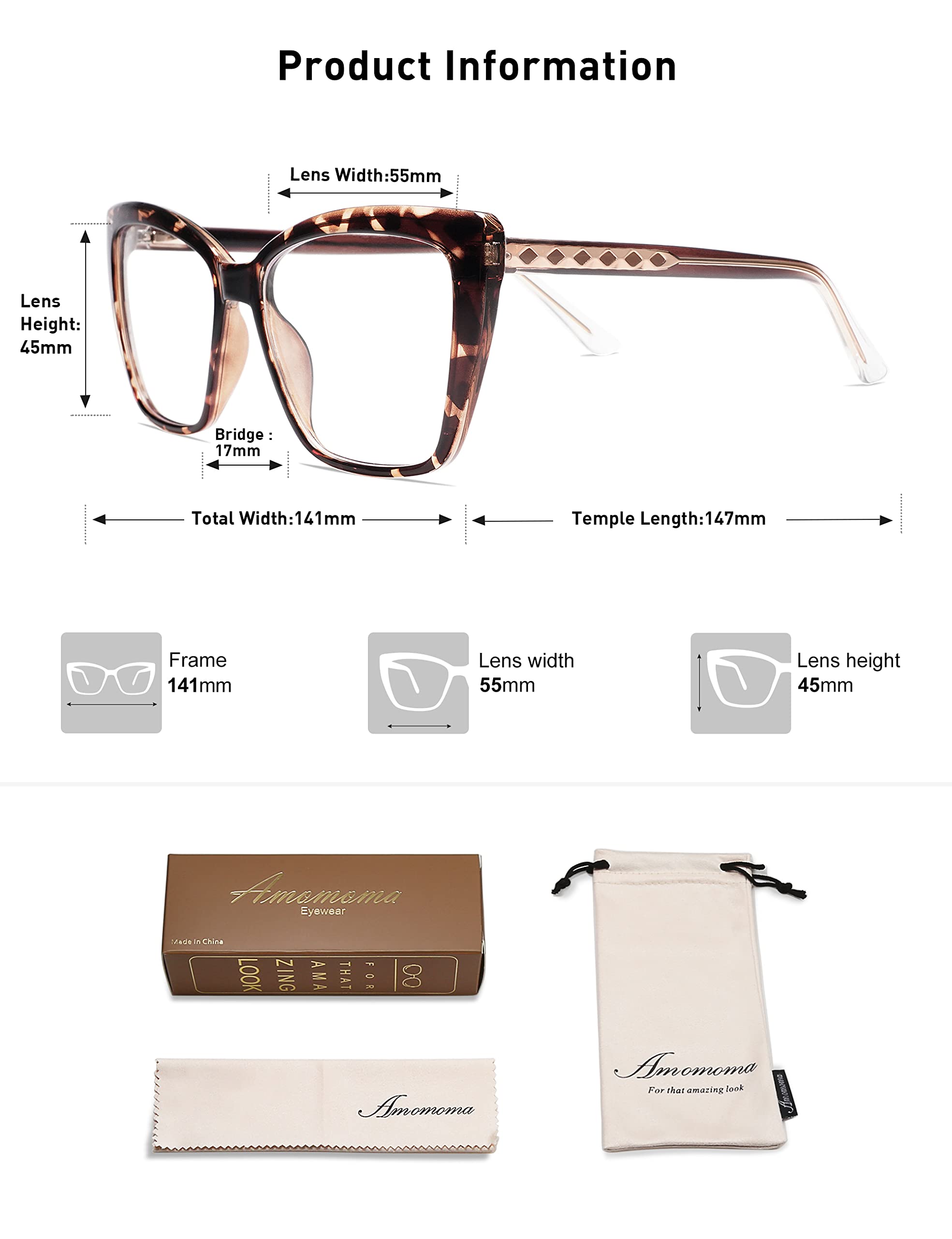 AMOMOMA Trendy TR90 Oversized Blue Light Reading Glasses Women,Stylish Square Cat Eye Glasses AM6031 C1+C6 1.75 x