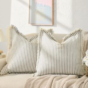 zwjd throw pillow covers 18x18 set of 2 striped pillow covers with fringe chic cotton decorative pillows square cushion covers for sofa couch bed living room farmhouse decor