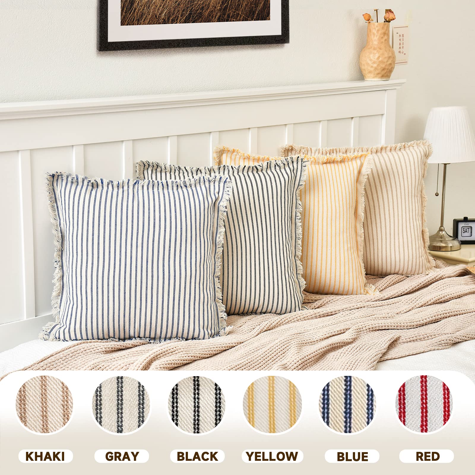 ZWJD Throw Pillow Covers 18x18 Set of 2 Striped Pillow Covers with Fringe Chic Cotton Decorative Pillows Square Cushion Covers for Sofa Couch Bed Living Room Farmhouse Decor