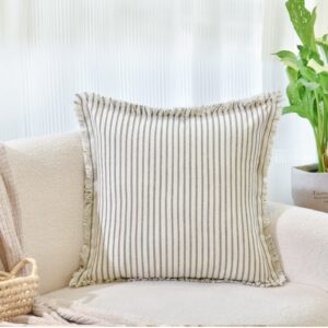 ZWJD Throw Pillow Covers 18x18 Set of 2 Striped Pillow Covers with Fringe Chic Cotton Decorative Pillows Square Cushion Covers for Sofa Couch Bed Living Room Farmhouse Decor