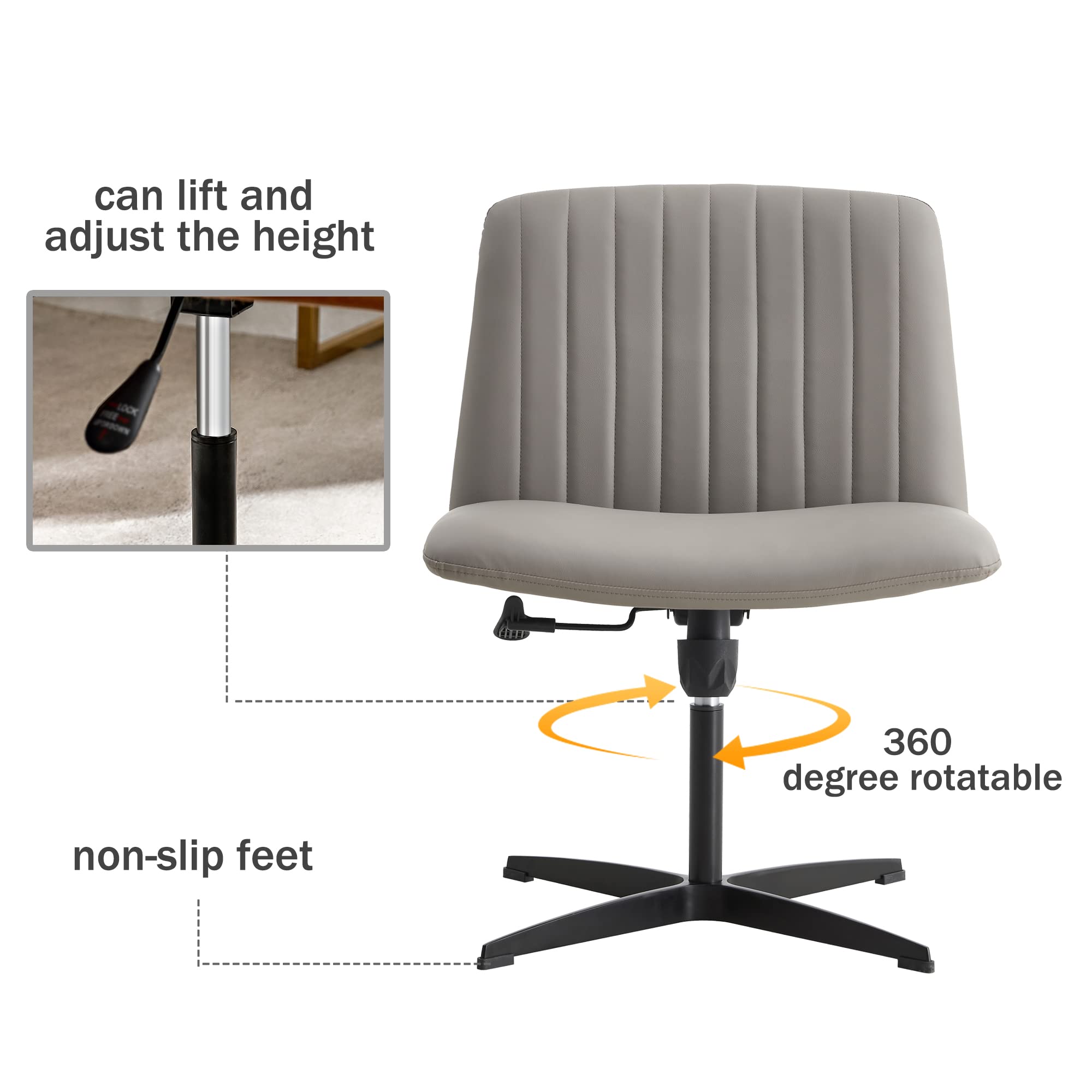 HomVent Armless Office Desk Chair No Wheels, PU Leather Padded Modern Swivel Vanity Chair, Mid Back Ergonomic Adjustable Wide Seat Computer Task Chair for Makeup Vanity Home Office Study Gray