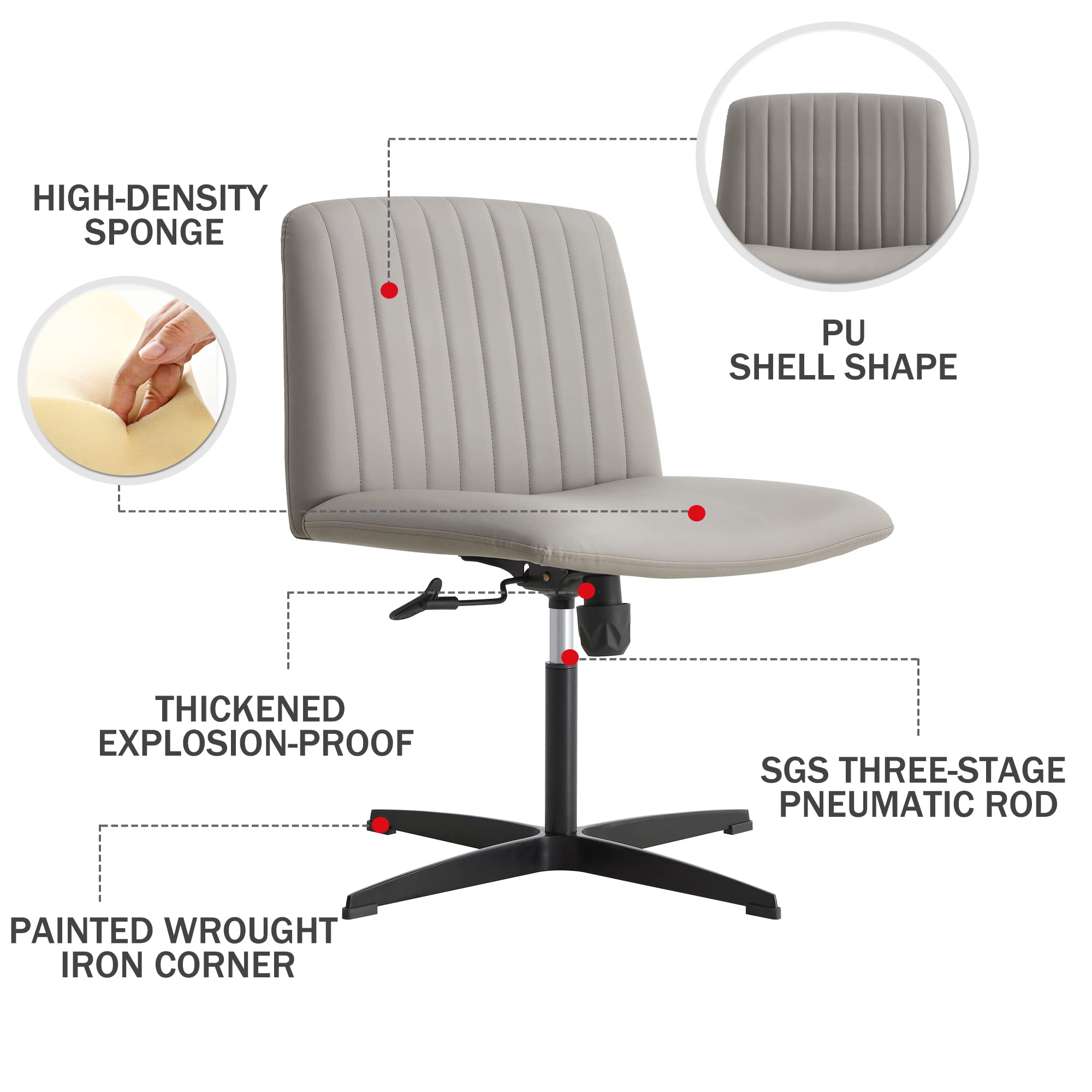 HomVent Armless Office Desk Chair No Wheels, PU Leather Padded Modern Swivel Vanity Chair, Mid Back Ergonomic Adjustable Wide Seat Computer Task Chair for Makeup Vanity Home Office Study Gray