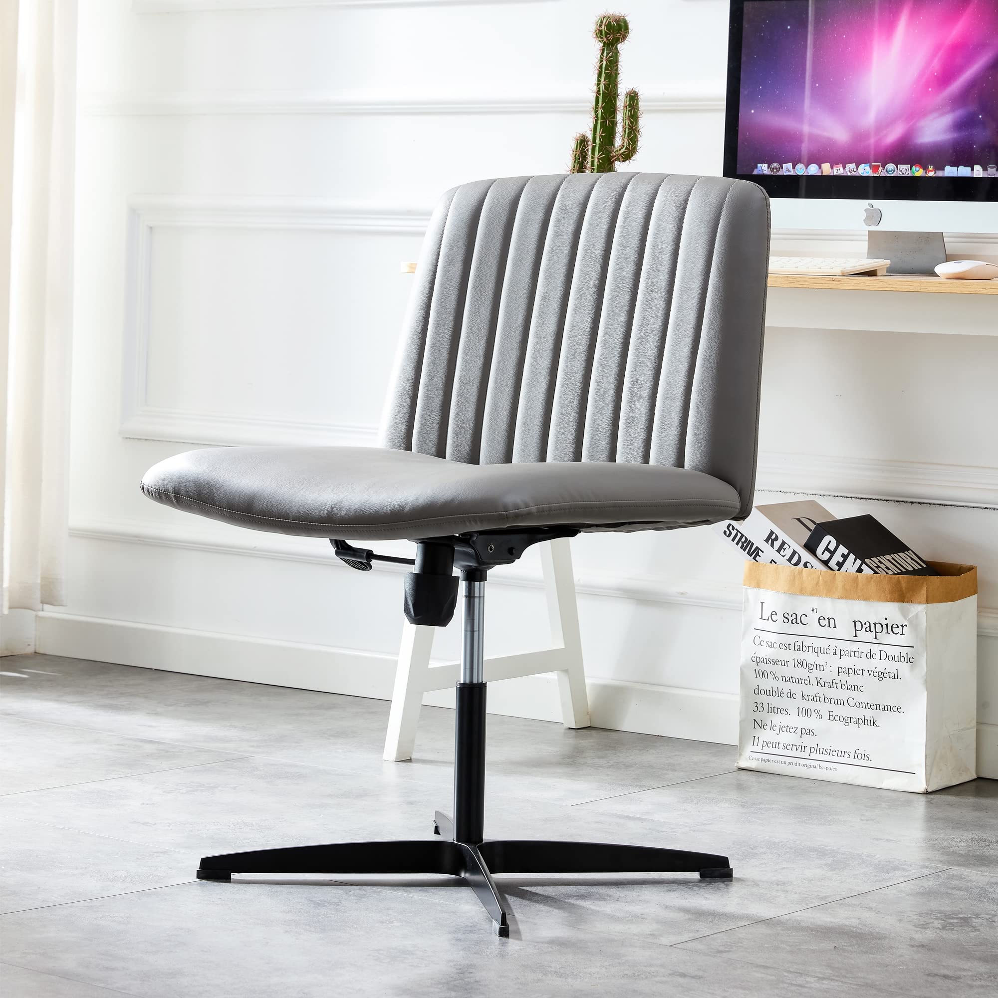 HomVent Armless Office Desk Chair No Wheels, PU Leather Padded Modern Swivel Vanity Chair, Mid Back Ergonomic Adjustable Wide Seat Computer Task Chair for Makeup Vanity Home Office Study Gray