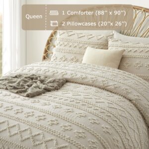 Oli Anderson Beige Queen Comforter Set Tufted Bedding Set Queen 3 Pieces, Boho Shabby Chic Comforter with 2 Pillowcases (Beige,Queen)