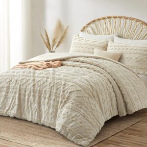 Oli Anderson Beige Queen Comforter Set Tufted Bedding Set Queen 3 Pieces, Boho Shabby Chic Comforter with 2 Pillowcases (Beige,Queen)