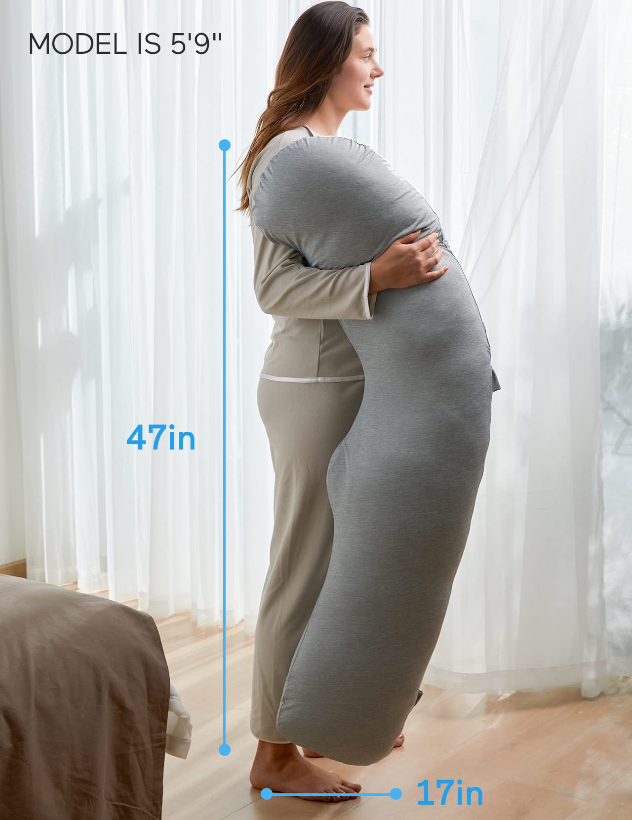 Momcozy Pregnancy Pillows with Cooling Cover, J Shaped Maternity Body Pillow for Pregnancy, Pregnancy Must Haves, Side Sleeper Pillow for Belly Hip Legs Support