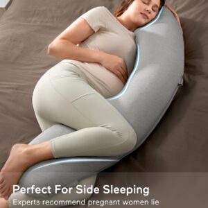 Momcozy Pregnancy Pillows with Cooling Cover, J Shaped Maternity Body Pillow for Pregnancy, Pregnancy Must Haves, Side Sleeper Pillow for Belly Hip Legs Support