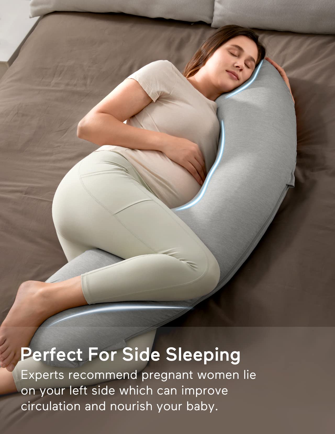 Momcozy Pregnancy Pillows with Cooling Cover, J Shaped Maternity Body Pillow for Pregnancy, Pregnancy Must Haves, Side Sleeper Pillow for Belly Hip Legs Support