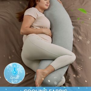 Momcozy Pregnancy Pillows with Cooling Cover, J Shaped Maternity Body Pillow for Pregnancy, Pregnancy Must Haves, Side Sleeper Pillow for Belly Hip Legs Support