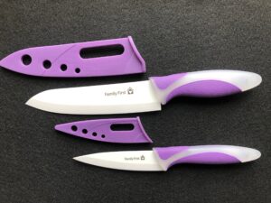 ceramic knife set one 6" chef knife & one 4" all purpose knife with large ergo-handle (purple & white)