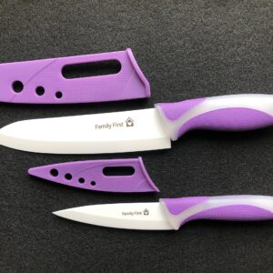 Ceramic Knife Set One 6" Chef Knife & One 4" All Purpose Knife With Large Ergo-Handle (Purple & White)