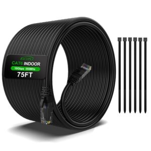 75 feet cat6 ethernet cable, cat 6 patch cable, cat6 internet cable, poe, utp network cable, indoor and outdoor, 24awg cca, compatible for pc, tv, router, switch, server, with 25 cable ties - black