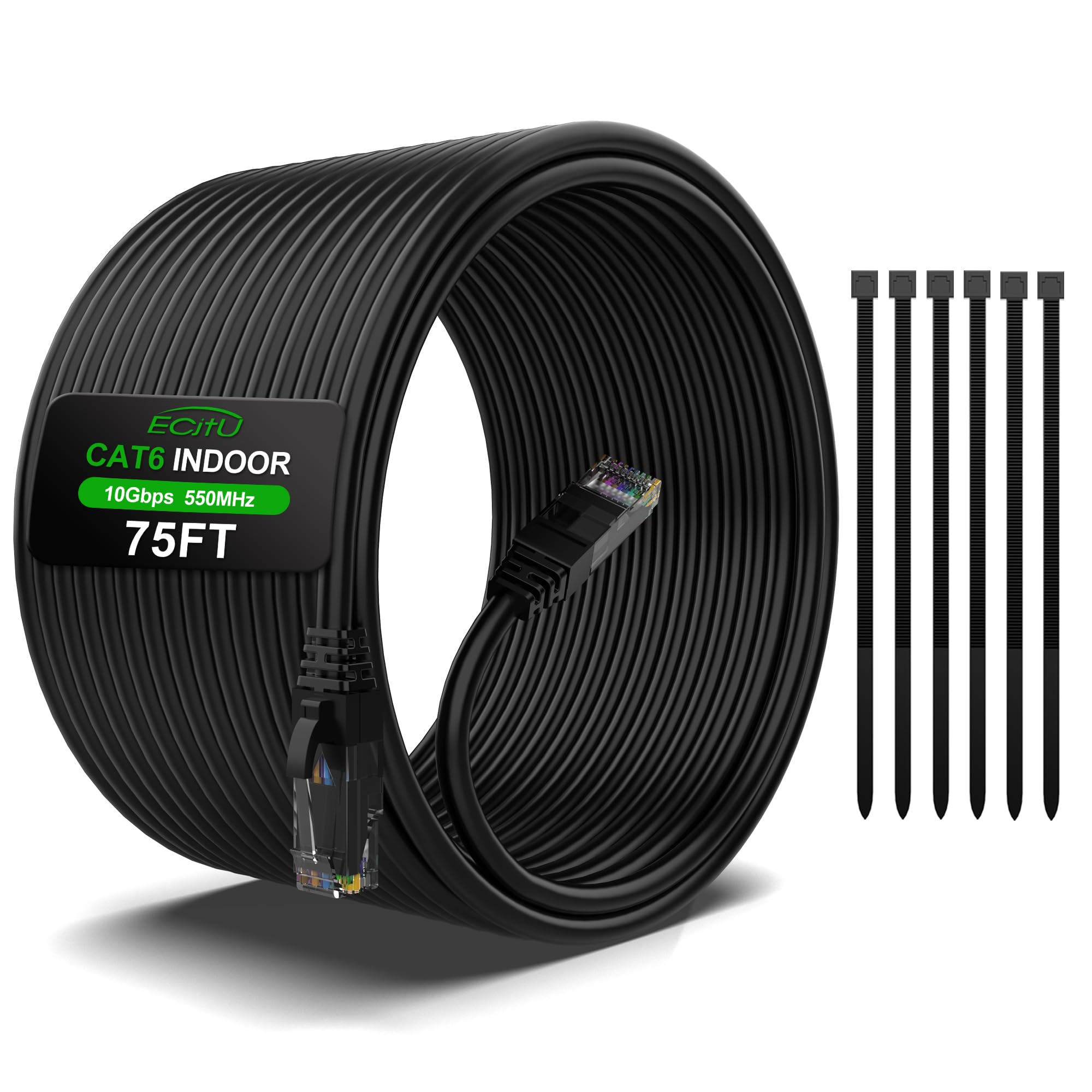 75 Feet Cat6 Ethernet Cable, Cat 6 Patch Cable, Cat6 Internet Cable, POE, UTP Network Cable, Indoor and Outdoor, 24AWG CCA, Compatible for PC, TV, Router, Switch, Server, with 25 Cable Ties - Black