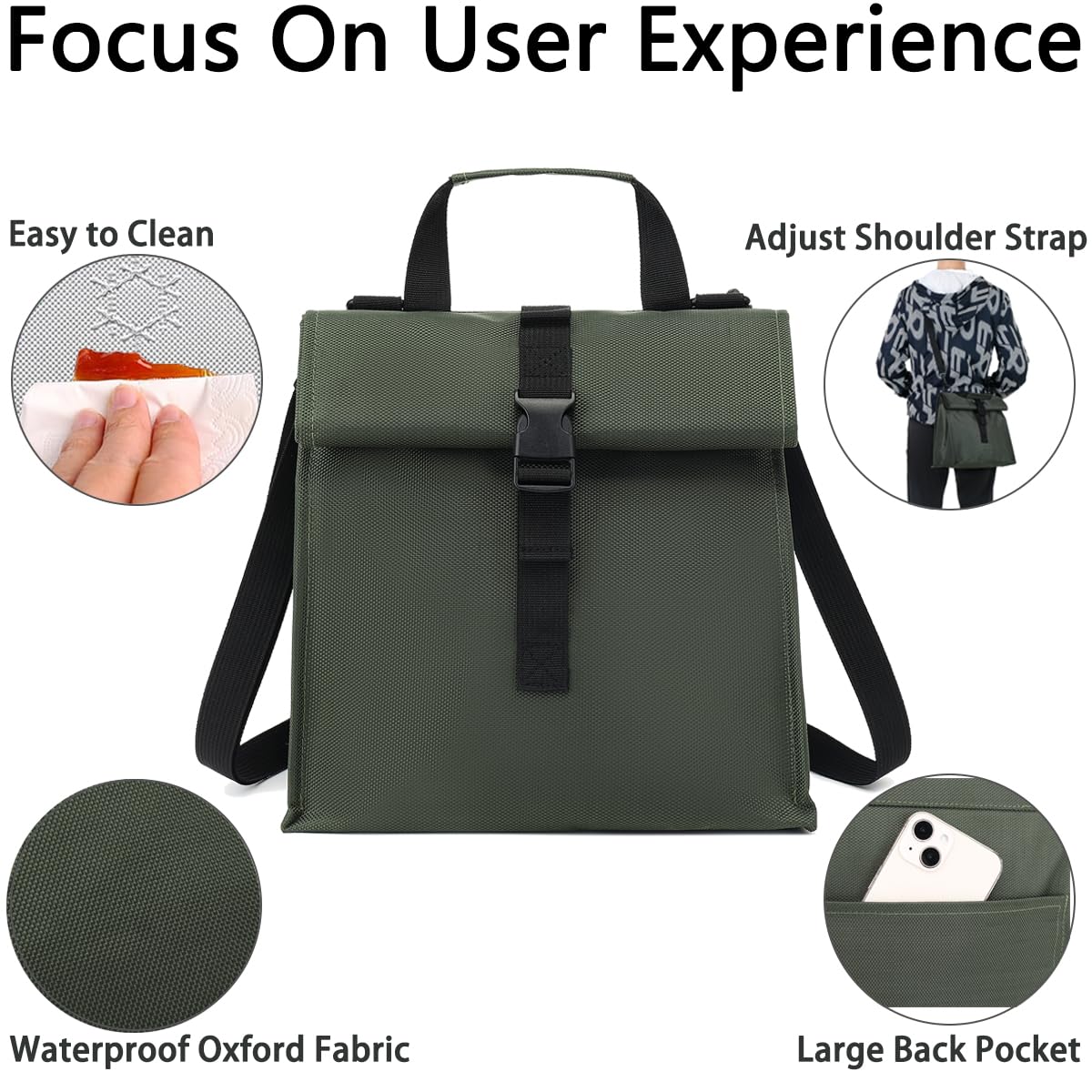 GYEUKHAM Insulated Lunch Bag for Men/Women/Kids, Roll top Reusable Lunch Box with Adjustable Shoulder Strap, Thermal Lunch Cooler Tote Container for Adults/Teens School Work Office Picnic,Army Green