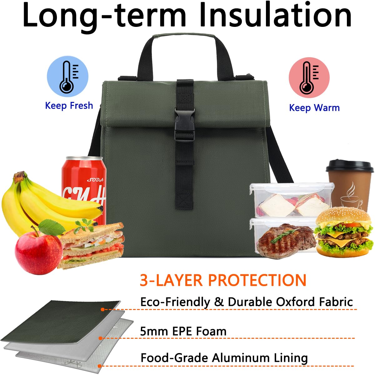 GYEUKHAM Insulated Lunch Bag for Men/Women/Kids, Roll top Reusable Lunch Box with Adjustable Shoulder Strap, Thermal Lunch Cooler Tote Container for Adults/Teens School Work Office Picnic,Army Green