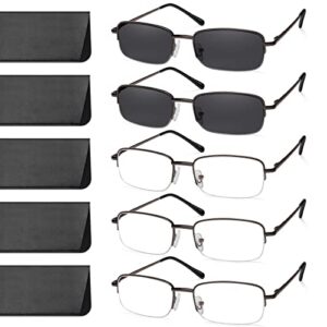 novivon 5 pack reading glasses for men, metal blue light blocking reading sunglasses with spring hinges, anti eye strain eyeglasses (gunmetal*3, gunmetal sunreaders*2, 1.0)