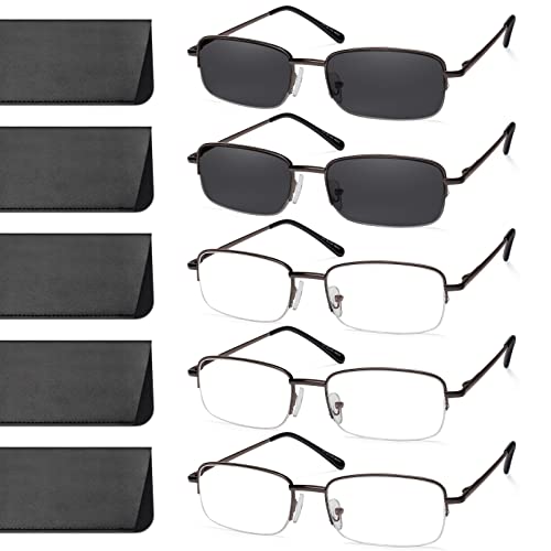 NOVIVON 5 Pack Reading Glasses for Men, Metal Blue Light Blocking Reading Sunglasses with Spring Hinges, Anti Eye Strain Eyeglasses (Gunmetal*3, Gunmetal Sunreaders*2, 1.0)