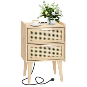 hhetogol rattan nightstand with charging station & 2 rattan-like decor drawers,small end table with solid wood feet for small bedroom, living room, ttbz02ye