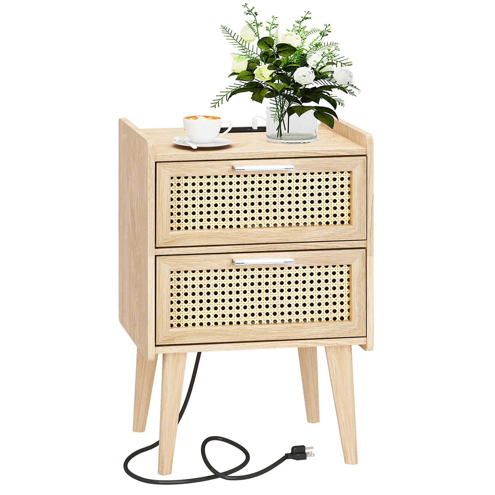 HHETOGOL Rattan Nightstand with Charging Station & 2 Rattan-Like Decor Drawers,Small End Table with Solid Wood Feet for Small Bedroom, Living Room, TTBZ02YE