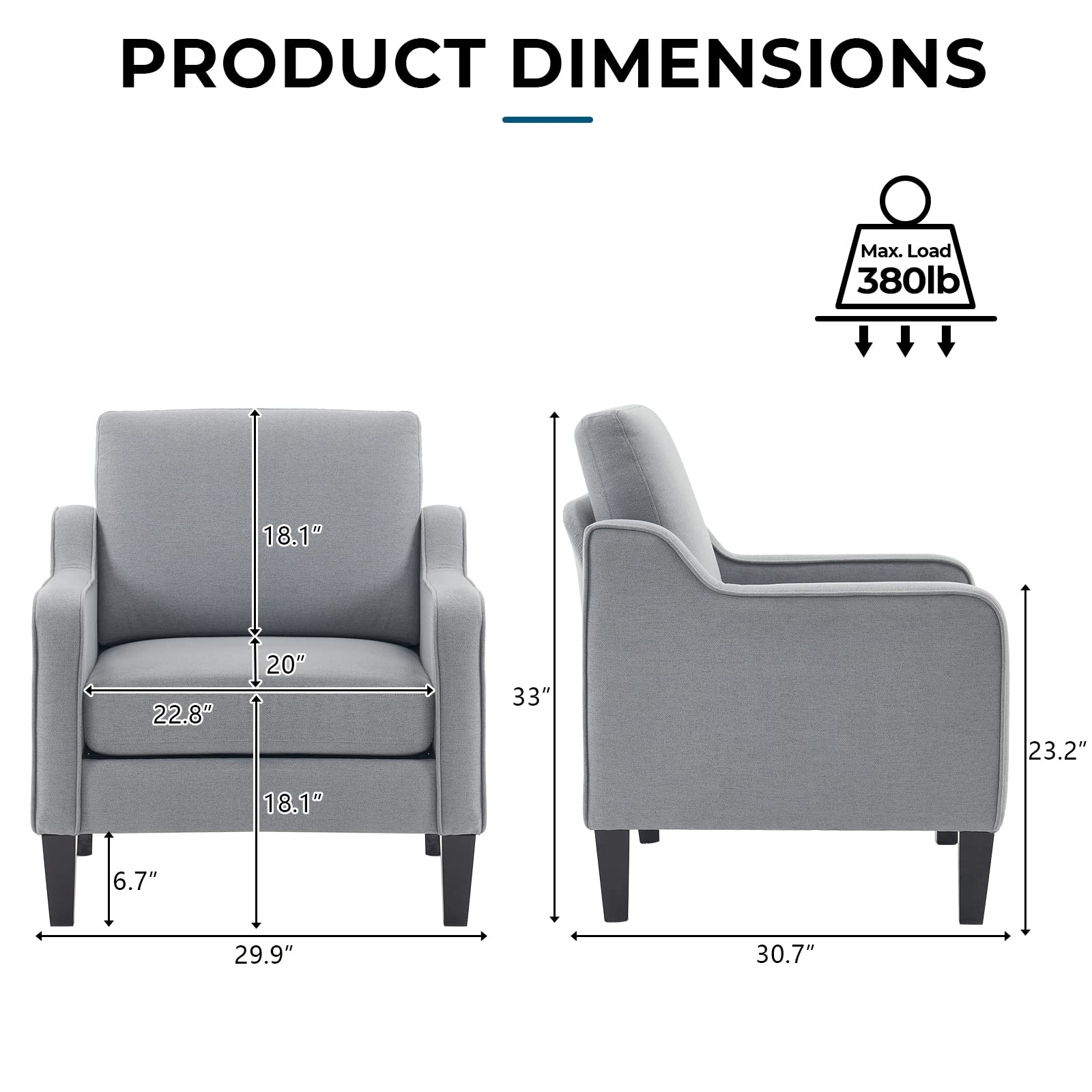 VINGLI Mid century Modern Accent Chair,Light Grey Fabric Accent Chairs for Living Room Upholstered Armchair with Scooped Arms for Bedroom,Apartment,Studio,Office,Waiting Room