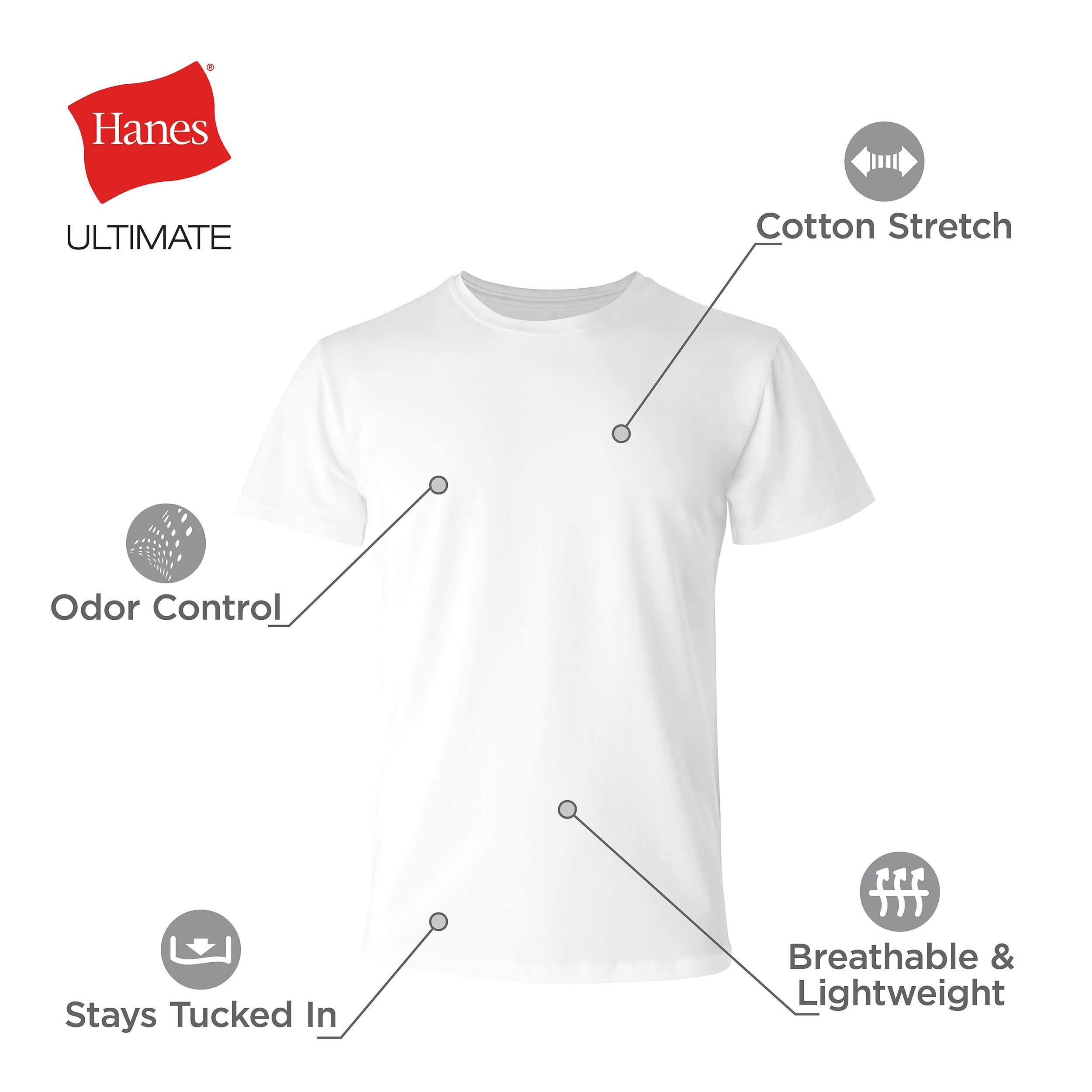 Hanes Ultimate Ultimate Comfort Fit Undershirt, Men’s Crewneck Stretch-Cotton T-Shirt, 4-Pack, White-4 Pack, Large