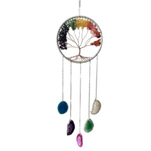 7 chakra colorful tree of life dream catchers with healing agate,natural crystal stone dream catcher wall decor for bedroom, idea craft gift for kids girls boys women friends (7-color agate tree)