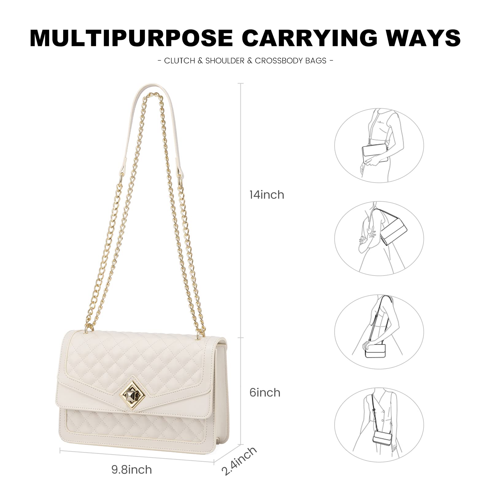 LOVEVOOK White Purse for Women Quilted Crossbody Bags with Chain Strap,Evening Handbag Clutch Purse 2023 New