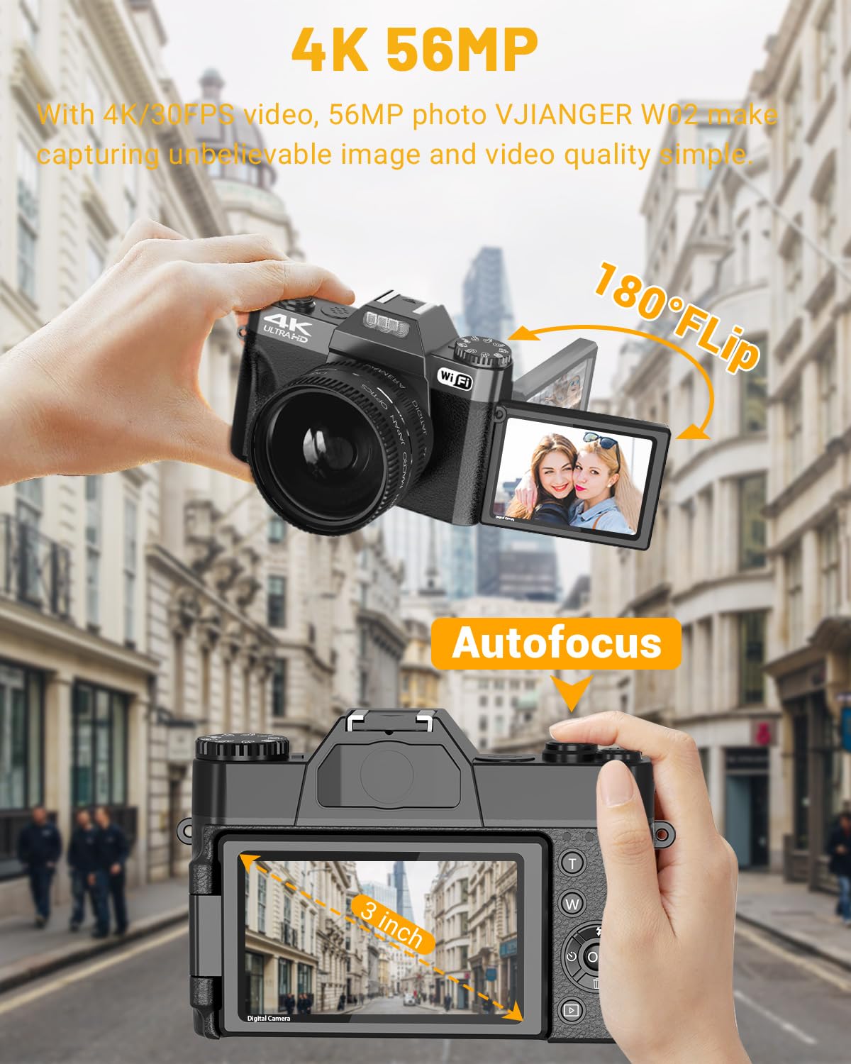 Digital Camera for Photography VJIANGER 4K 48MP Vlogging Camera for YouTube with WiFi, 180 Degree Flip Screen, 16X Digital Zoom, 52mm Wide Angle & Macro Lens, 2 Batteries, 32GB TF Card(W02 Black6)