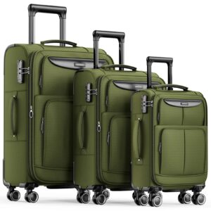 showkoo luggage sets 3 piece softside expandable lightweight durable suitcase sets double spinner wheels tsa lock olive green (20in/24in/28in)