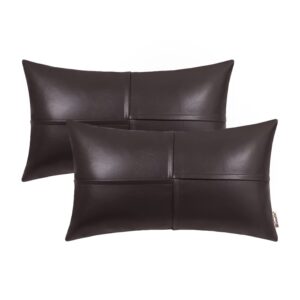 brawarm faux leather throw pillow covers 12 x 20 inches, brown leather lumbar pillow covers pack of 2, hand stitched leather decorative throw pillows for couch sofa bed living room home garden