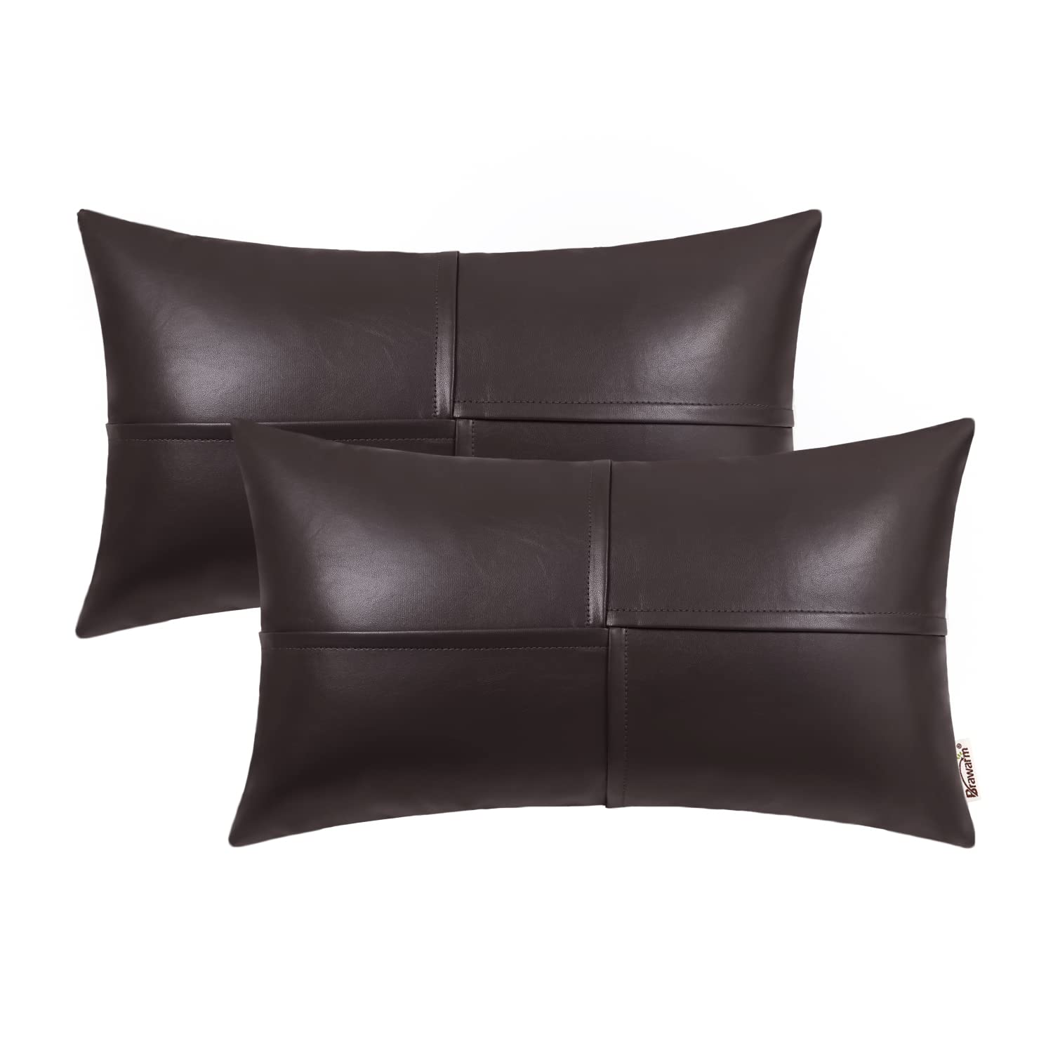 BRAWARM Faux Leather Throw Pillow Covers 12 X 20 Inches, Brown Leather Lumbar Pillow Covers Pack of 2, Hand Stitched Leather Decorative Throw Pillows for Couch Sofa Bed Living Room Home Garden